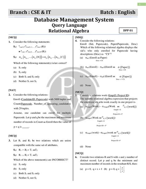Query Language Dpp 01 Of Lec 01 And 02 Branch Cse And It Batch