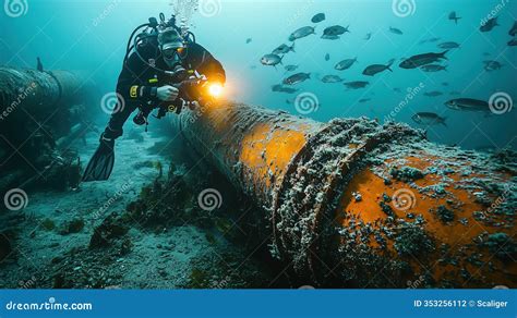 Underwater Diver Exploring Marine Life Near Submerged Pipeline Surrounded By Fish In Deep Ocean