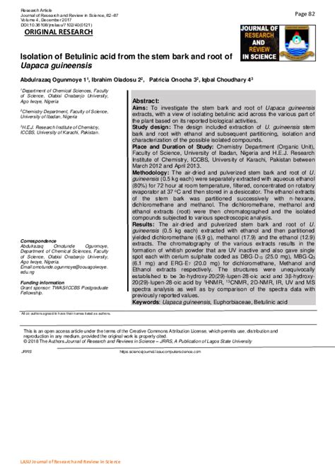 Pdf Isolation Of Betulinic Acid From The Stem Bark And Root Of Uapaca Guineensis