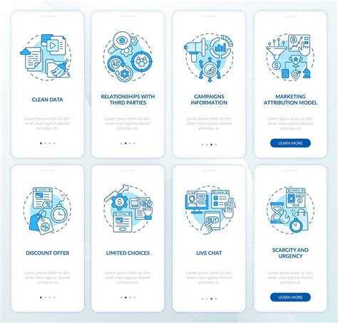 Set Of Blue Onboarding Screens For Mobile App With Digital Marketing Strategy Focus Vector