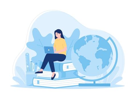 책 읽고 있는 여학생 트렌딩 컨셉 플래트 일러스트 프리미엄 벡터