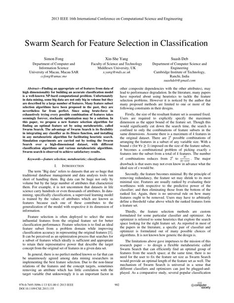 Pdf Swarm Search For Feature Selection In Classification