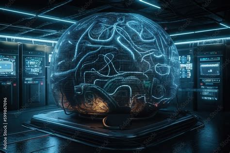 Big Brain As Quantum Computer In Futuristic Data Center Generative Ai Stock Illustration