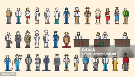 전문 작업자 직원 작업 작업 직업 직업 경력 하 인 색 벡터 플랫 라인 아이콘 설정된 기호 그림 최소한의 흰색 절연 교사 교육