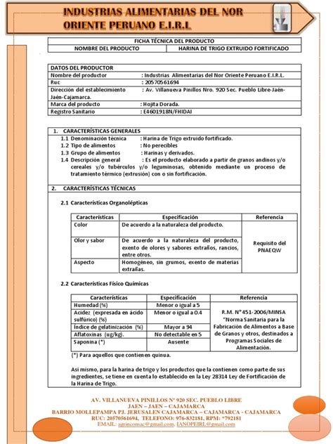Ficha Tecnica De Harina De Trigo Fortificado Pdf