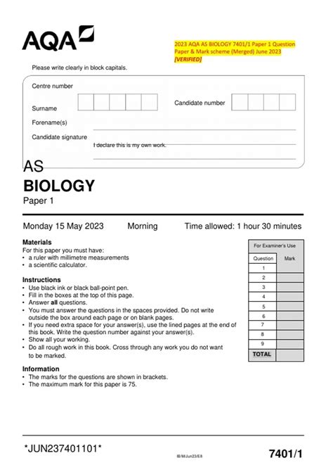2023 Aqa As Biology 7401 1 Paper 1 Question Paper And Mark Scheme Merged June 2023 [verified