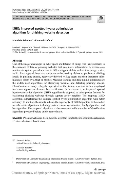 Isho Improved Spotted Hyena Optimization Algorithm For Phishing Website Detection Request Pdf