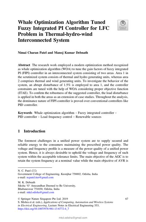 Pdf Whale Optimization Algorithm Tuned Fuzzy Integrated Pi Controller