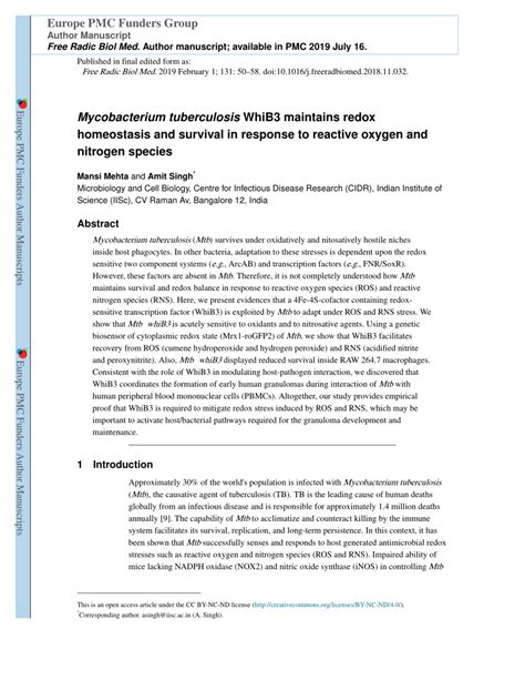 Pdf Mycobacterium Tuberculosis Whib3 Maintains Redox Homeostasis And Survival In Response To