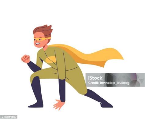 노란색 망토와 마스크를 쓴 슈퍼 히어로로 옷을 입은 어린이 소년 캐릭터 역동적인 포즈로 웅크리고 있는 벡터 일러스트 레이 션 가공의 인물에 대한 스톡 벡터 아트 및 기타