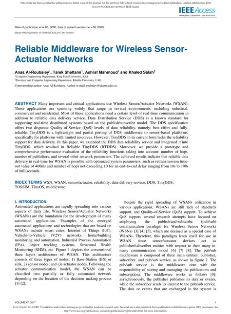 Pdf Reliable Middleware For Wireless Sensor Actuator Networks