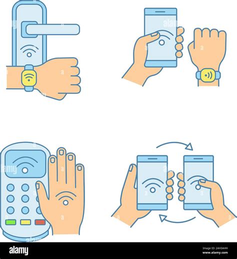 Nfc Technology Color Icons Set Near Field Door Lock Bracelet Payment Terminal Data Transfer