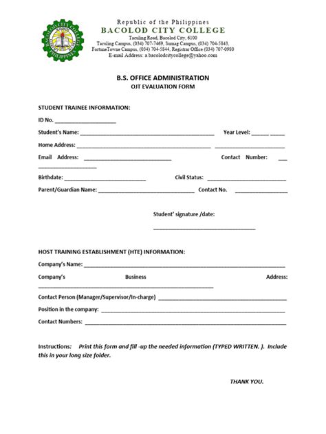 Ojt Evaluation Form Pdf