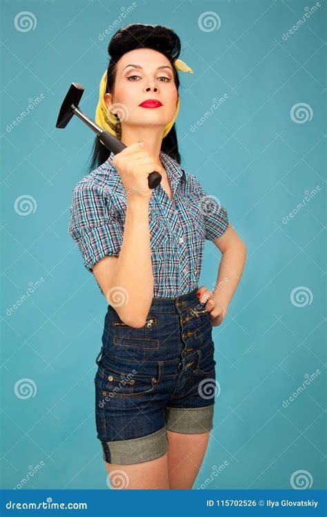 Picture Of Beautiful Pin Up Woman With Hammer Stock Photo Image Of Check Blue