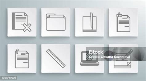 세트 파일 문서 및 종이 클립 문서 폴더 눈금자 화면에 노트북 크로스 마크 지우개 바인더 및 파일 아이콘 삭제가있는 빈 노트북 연필 벡터 건강 검진에 대한 스톡 벡터 아트
