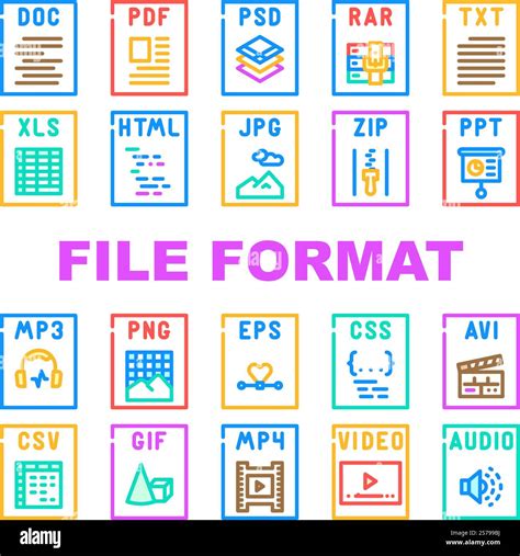 File Format Document Icons Set Vector Presentation Web Pdf Label Png Video Type 