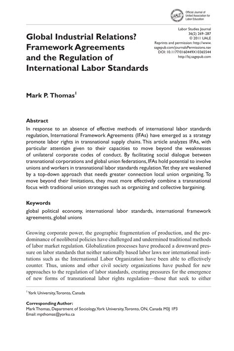 Pdf Global Industrial Relations Framework Agreements And The