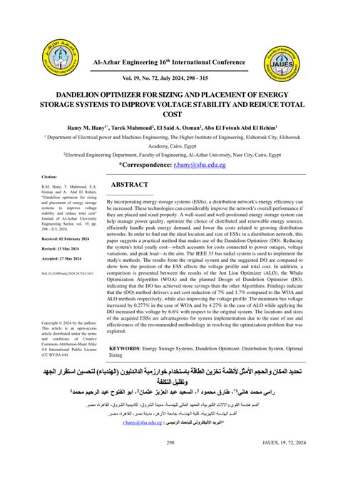 Pdf Dandelion Optimizer For Sizing And Placement Of Energy Storage Systems To Improve Voltage