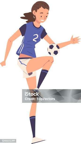 여자 축구 선수 캐릭터 젊은 여자 블루 스포츠 유니폼 재생 축구 여자 선수 발로 공 벡터 그림 건강한 생활방식에 대한 스톡 벡터