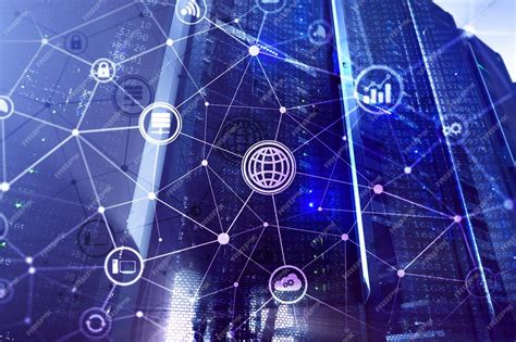 Ict 정보 및 통신 기술 및 Iot 사물 인터넷 개념 서버실 배경에 아이콘이 있는 다이어그램 프리미엄 사진