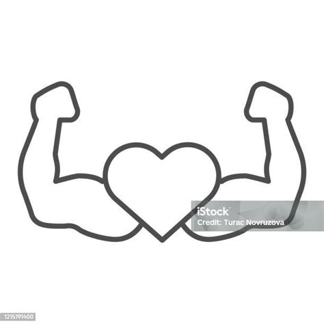 강한 선수 손 라인과 단단한 아이콘 근육 팔 기호와 마음 흰색 배경에 윤곽 스타일 그림 모바일 개념 웹 디자인에 대한 건강한 라이프 스타일 또는 피트니스 기호 벡터 그래픽