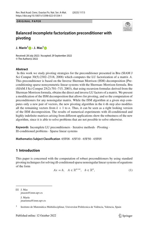 Pdf Balanced Incomplete Factorization Preconditioner With Pivoting