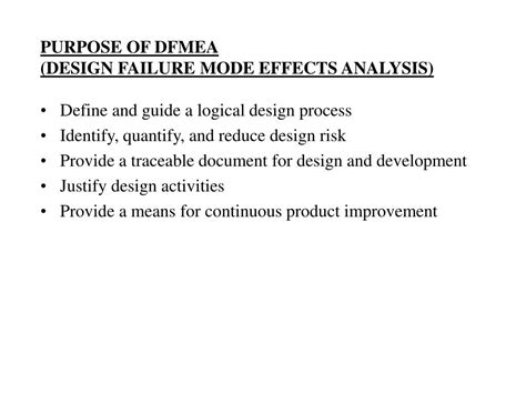 PPT PURPOSE OF DFMEA DESIGN FAILURE MODE EFFECTS ANALYSIS PowerPoint Presentation ID
