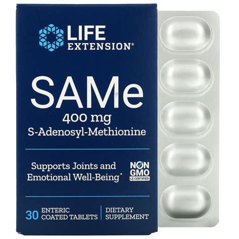 Life Extension, SAMe, S-аденозилметионин, 400 мг, 30 таблеток, покрытых ...