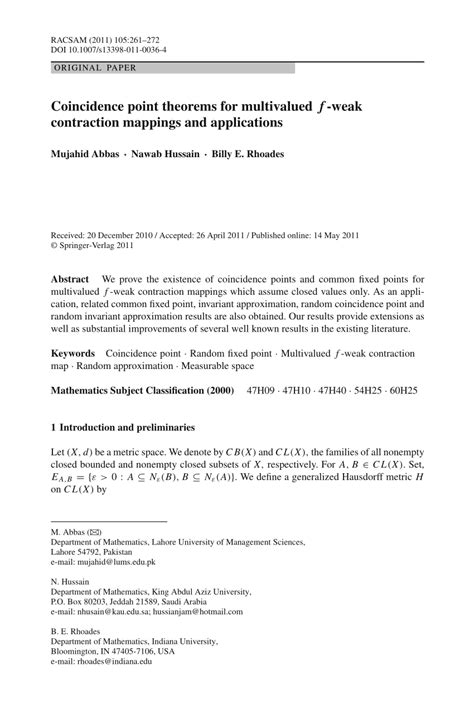 Pdf Coincidence Point Theorems For Multivalued F Weak Contraction Mappings And Applications