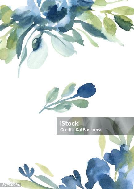 인사말 카드에 대 한 흰색 바탕에 회색 잔디 수채화 빛 블루 꽃 꽃 식물에 대한 스톡 벡터 아트 및 기타 이미지 꽃 식물 배경 주제 파란색 Istock