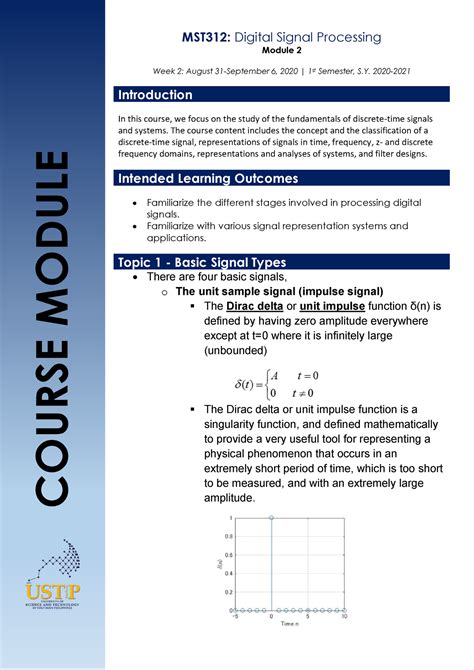 Week Introduction To Digital Signal Processing Part Lecture Notes COURSE MODULE MST