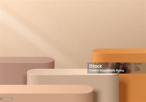 현실적인 단계가 있는 3d 배경은 밝은 나무 갈색 베이지색 및 주황색으로 설정된 제품 연단을 둥글게 만듭니다 최소한의 벽 장면 모형 제품 디스플레이 추상 벡터 기하학적