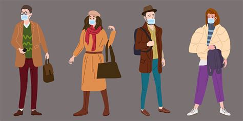 현대 가을 트렌디 한 옷을 입고 젊은 사람들 여자 남자를 설정합니다 의료 마스크에서 바이러스 스모그 증기로부터 개별 보호 패션