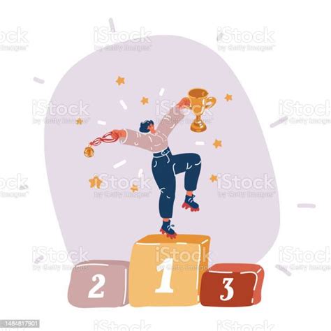 우승자의 벡터 그림입니다 회사원이 경쟁에서 이겼습니다 행복한 소녀는 우승자의 금잔을 손에 들고 있다 Championship에 대한 스톡 벡터 아트 및 기타 이미지 Istock