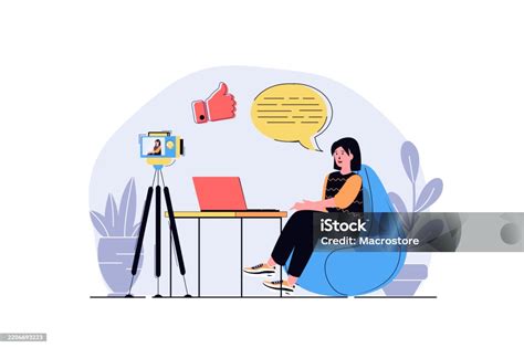 만화 사람들 디자인을 가진 블로깅 웹 개념 카메라에서 새로운 비디오를 녹화하고 라이브 방송을 하고 팔로워 댓글에 응답하는 여성 흰색 배경에 고립 된 평면 벡터 그림입니다