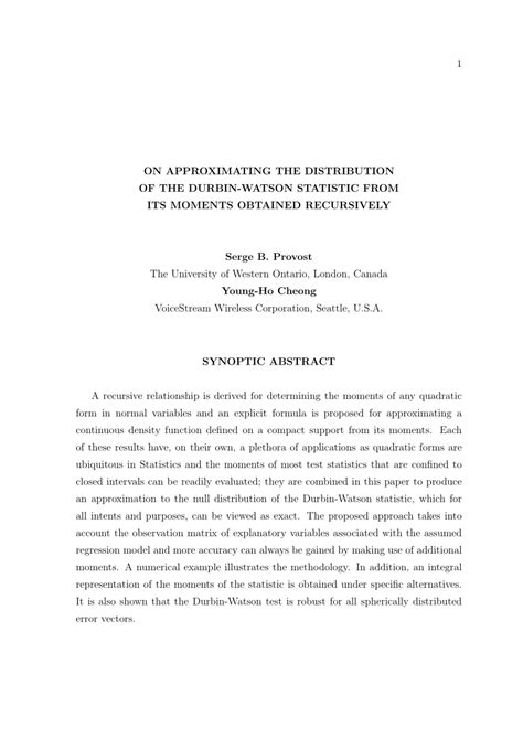Pdf On Approximating The Distribution Of The Durbin Watson Statistic From Its Moments Obtained