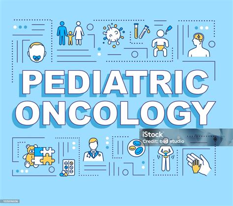 소아 종양학 단어 개념 배너 소아 암 치료 페디아트리 파란색 배경에 선형 아이콘이 있는 인포그래픽입니다 격리 된 타이포그래피 벡터 윤곽rgb 색상 일러스트레이션 암에 대한