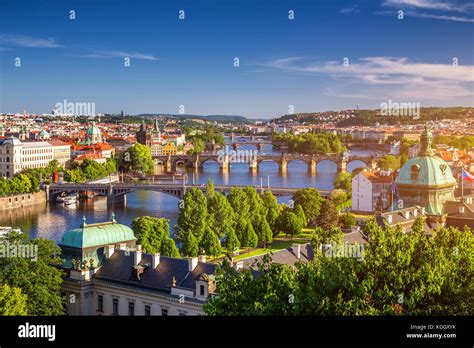 Scenic Spring Sunset Aerial View Of The Old Town Pier Architecture And Charles Bridge Over