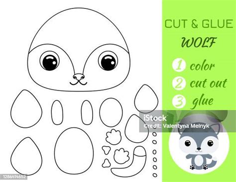 간단한 교육 게임 착색 페이지 컷과 접착제 앉아 아기 늑대 아이 용 유치원 어린이를위한 교육 종이 게임 종이에 색상 절단 부품