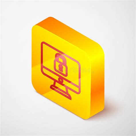 Isometric Line Lock On Computer Monitor Screen Icon Isolated On Grey Background Security