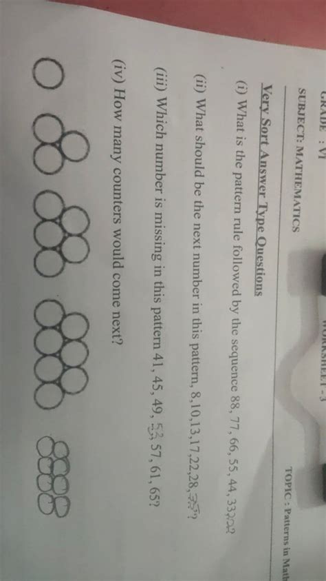 Grade Vi Subject Mathematics Topic Patterns In Math Very Short Answer