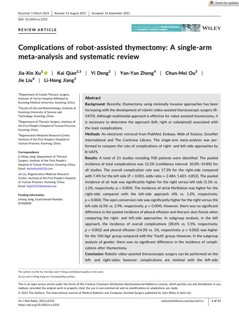 Pdf Complications Of Robot‐assisted Thymectomy A Single‐arm Meta‐analysis And Systematic Review
