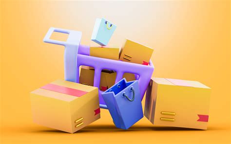 제품 구매를위한 가방 소포 상자 3d 렌더링 개념이있는 장바구니 기호 3차원 형태에 대한 스톡 사진 및 기타 이미지 3차원