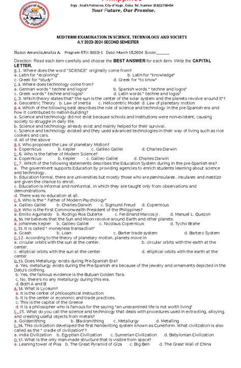 STS Midterm MIDTERM EXAMINATION IN SCIENCE TECHNOLOGY AND SOCIETY A 2023 2024 SECOND