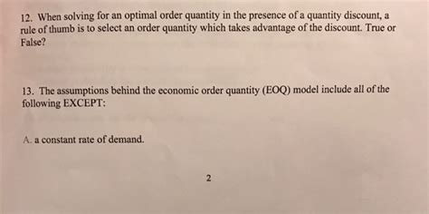 Solved 12 When Solving For An Optimal Order Quantity In The