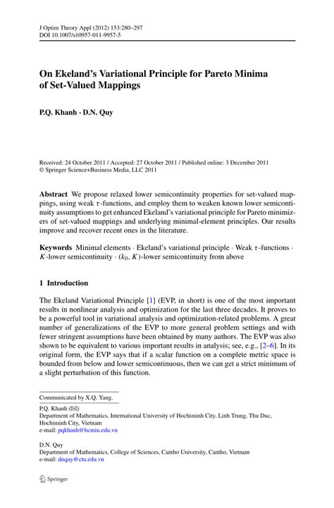 Pdf On Ekelands Variational Principle For Pareto Minima Of Set Valued Mappings