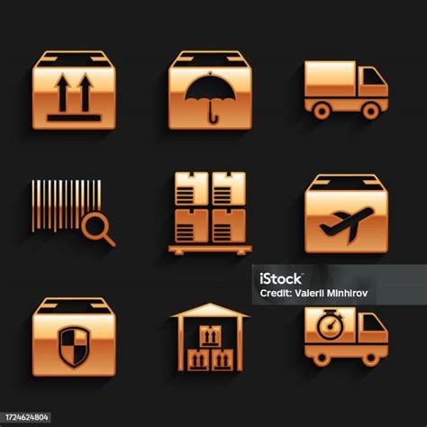 팔레트 창고 배달 트럭 및 스톱워치 비행기 판지 보안 방패 검색 바코드 화물 차량 및 교통 아이콘에 골판지 상자를 설정하십시오 벡터 금 금속에 대한 스톡 벡터 아트 및 기타