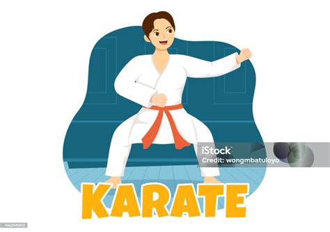 기본적인 가라테 무술 동작 싸우는 포즈 랜딩 페이지 템플릿 일러스트레이션을 위해 손으로 그린 만화에 기모노를 입는 사람들 가라테에 대한 스톡 벡터 아트 및 기타 이미지