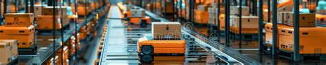 Autonomous Robots Sorting And Packaging Items In A Distribution Center Stock Illustration