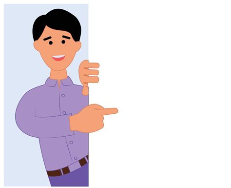 Happy Man Pointing Finger At Blank Presentation Or Information Board Close Up Portrait Of Cute